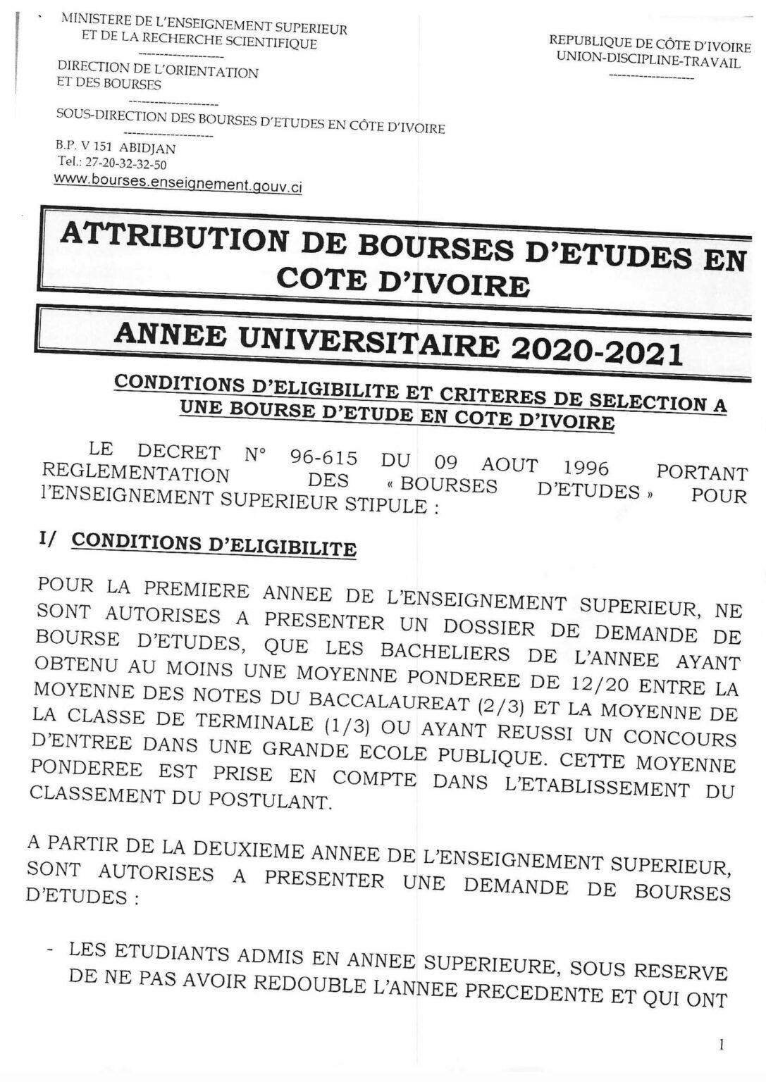RENOUVELLEMENT ET ATTRIBUTION DE BOURSES D'ETUDES EN COTE D'IVOIRE AU TITRE DE L'ANNEE ...